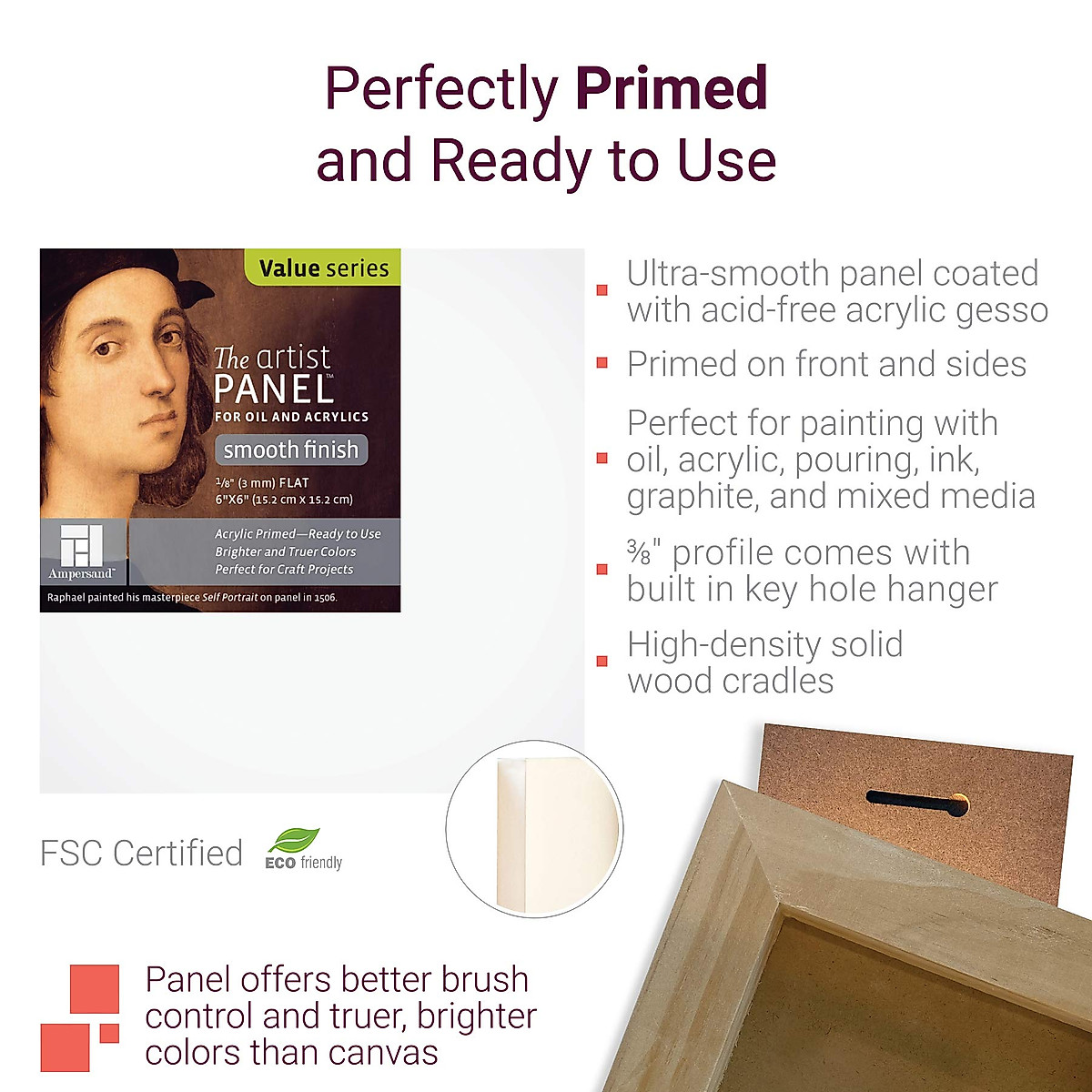 Ampersand Art Supply Wood Gesso Artist Painting Panel: Primed Smooth, 18" x 24", 1/8" Flat Profile