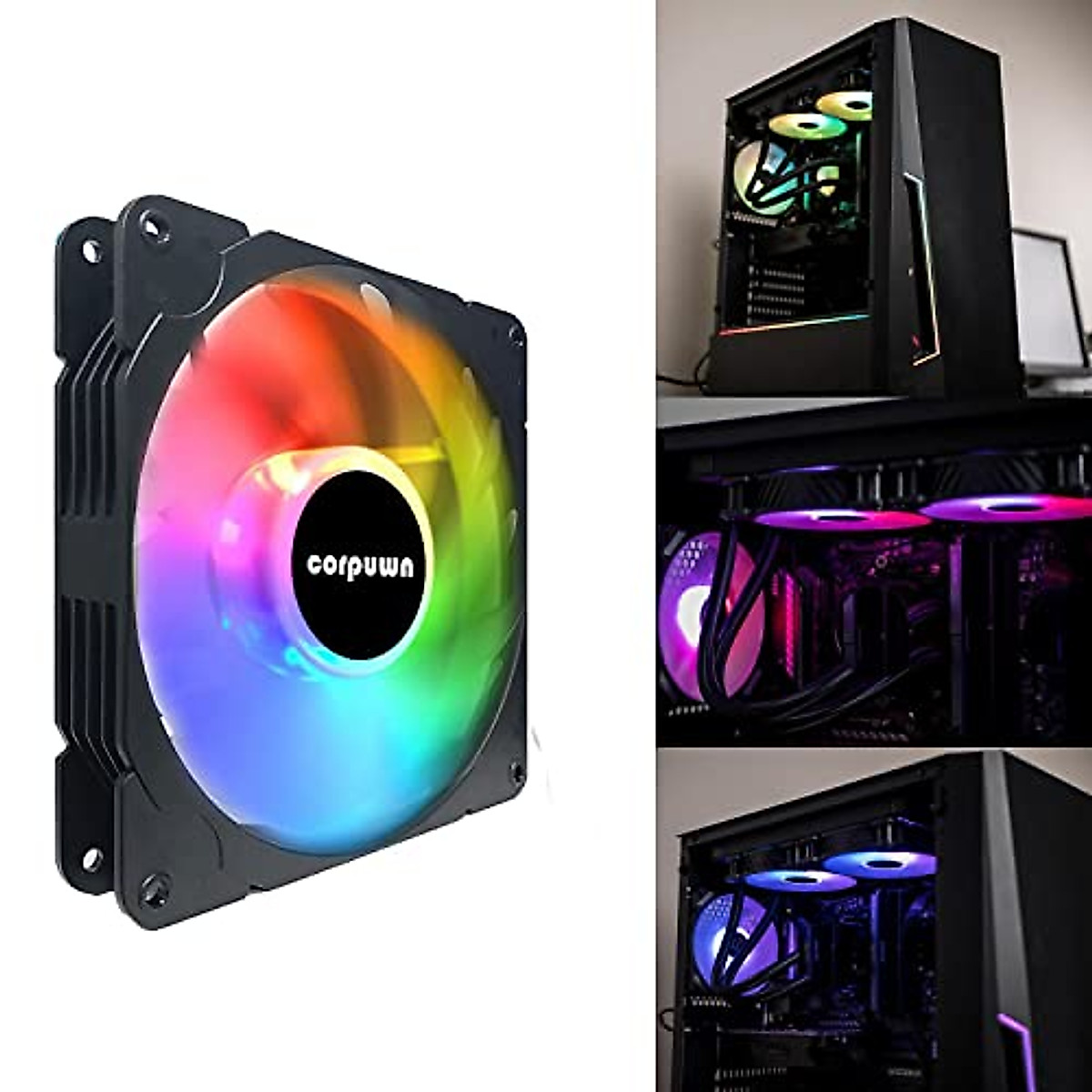 corpuwn 3 Pack 140mm ARGB Case Fans Nine-Blade High Airflow PWM Computer Cooling Fan Sealed Bearing 3-Pin Customizable LED Fans with Hub＆Rubber dampening