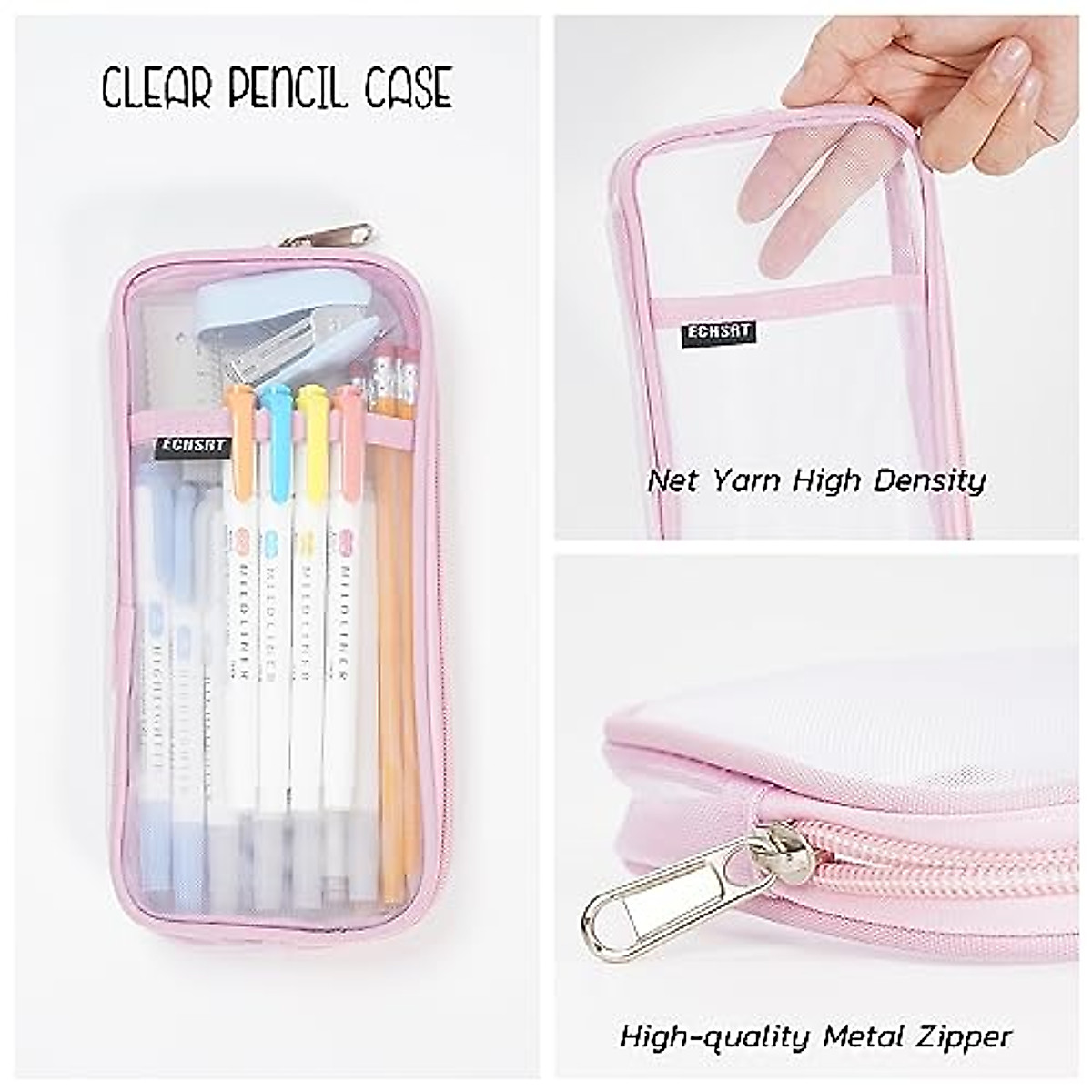 ECHSRT Mesh Pencil Case for Girls With Zipper, Grid Clear Pencil Pouch for Kids Students Teens Boys Adults, Small Transparent Pen Bag for School Office Travel, Pink