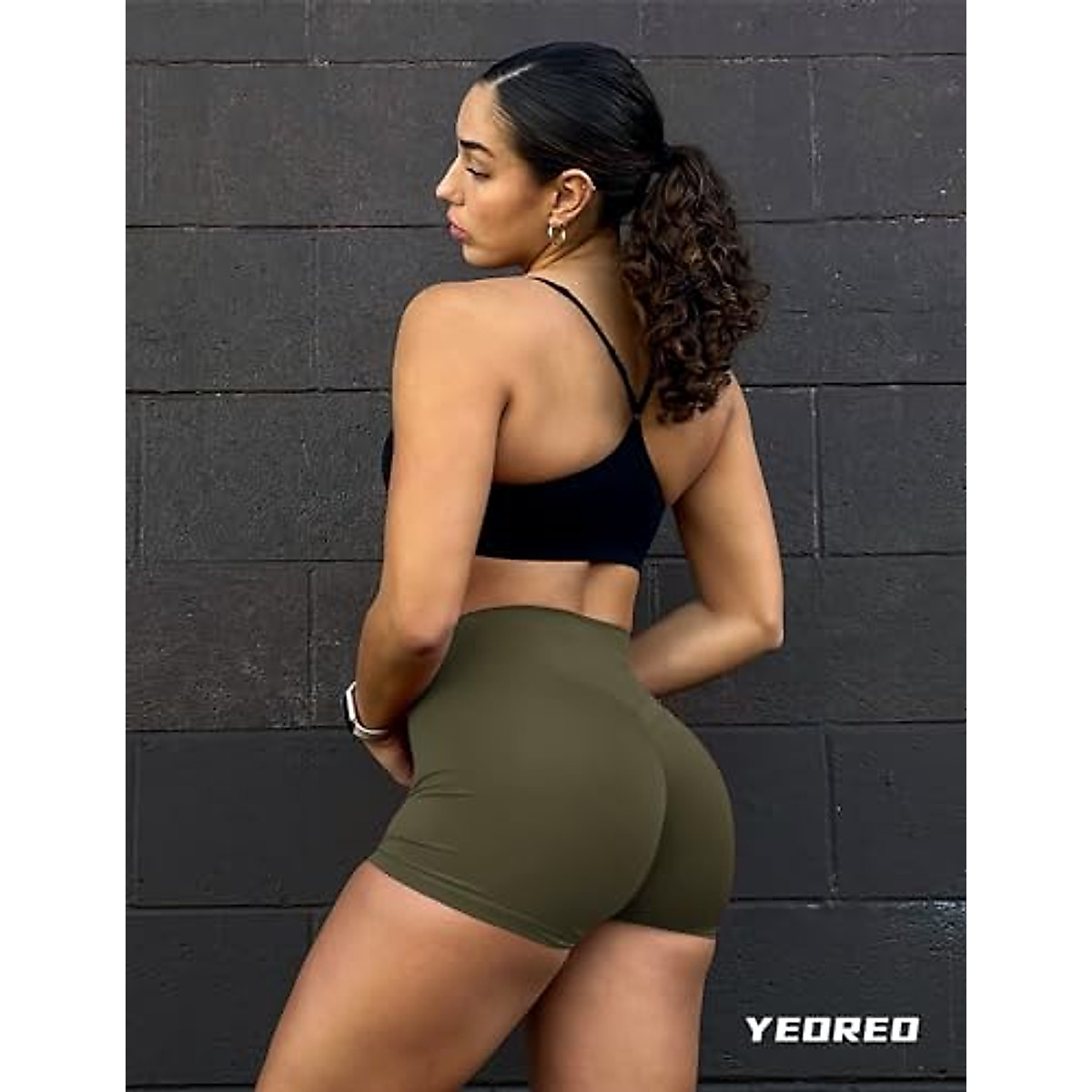 YEOREO Workout Biker Shorts for Women Athletic Scrunch Butt High Waisted Running Gym Shorts Yoga Tummy Control Spandex Military Olive L