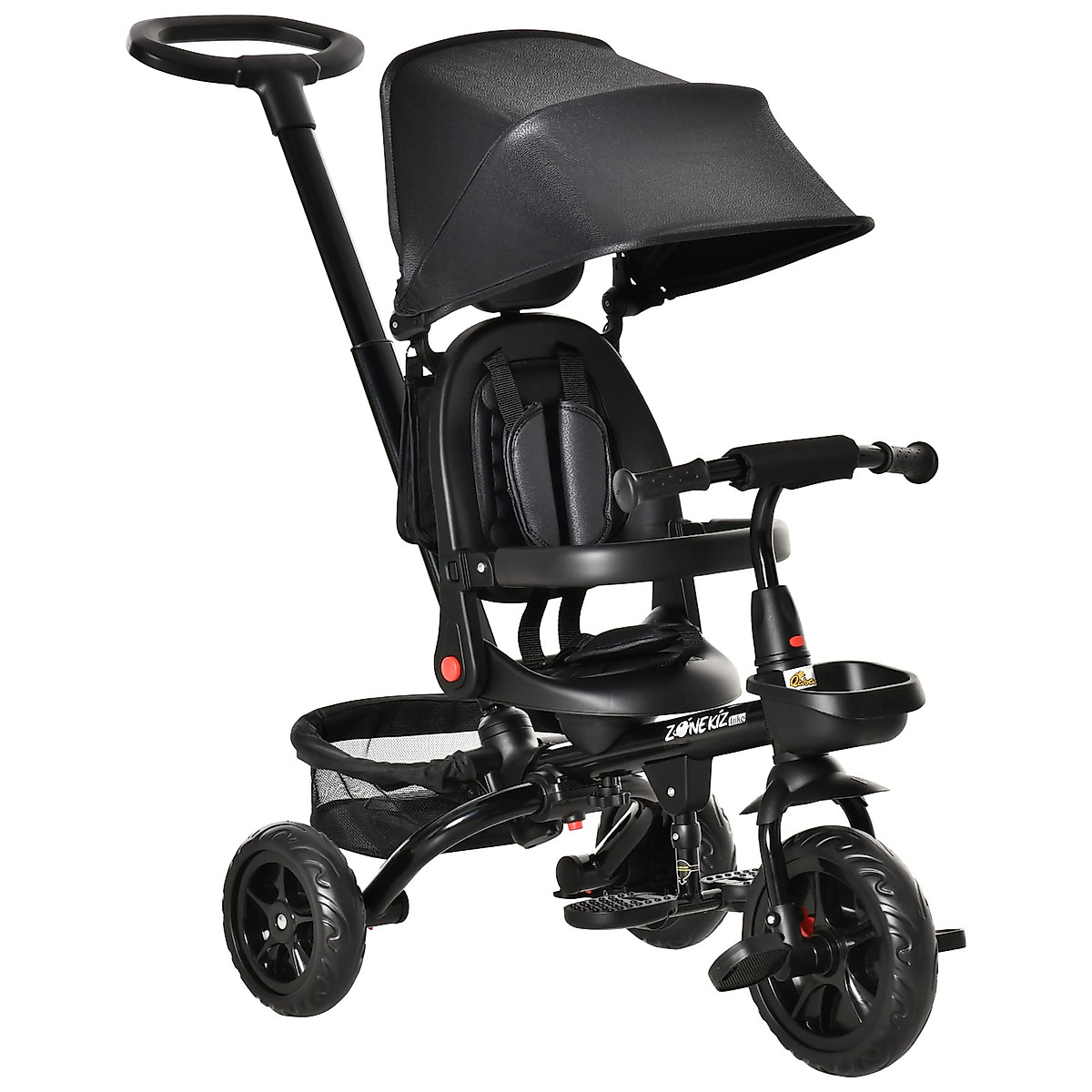 Qaba Kids Tricycle 4 in 1 Trike with Reversible Seat, 2.8'-3.1' Height Push Handle, Canopy, Handrail, Safety Belt, Storage Footrest Brake Clutch, for 1-5 Years Old, Black