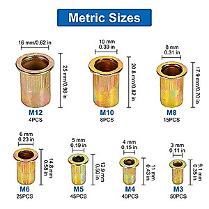 SAE and Metric Rivet Nuts, GTERNITY 380PCS #6-32#8-32#10-24 1/4-20 5/16-18 3/8-16 1/2-13 and M3 M4 M5 M6 M8 M10 M12 Nuserts Assorted Flat Head Rivnuts Threaded Insert Nut Kit 14 Sizes