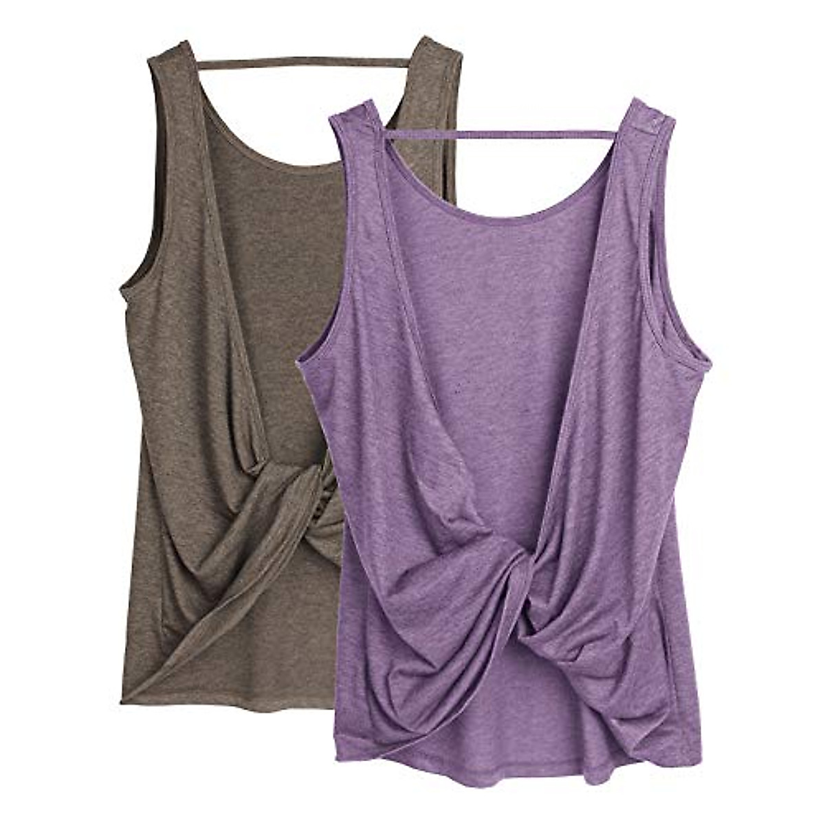 icyzone Workout Tank Tops for Women - Open Back Strappy Athletic Tanks, Yoga Tops, Gym Shirts(Pack of 2) (S, Mushroom/Lavender)
