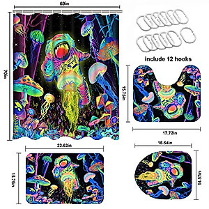 Alishomtll 4 Pcs Blacklight Astronaut Kids Shower Curtain Sets with Rugs, Black Light Space Bathroom Set with Shower Curtain and Rugs, Mushroom Jellyfish Bathroom Sets Decor for Men