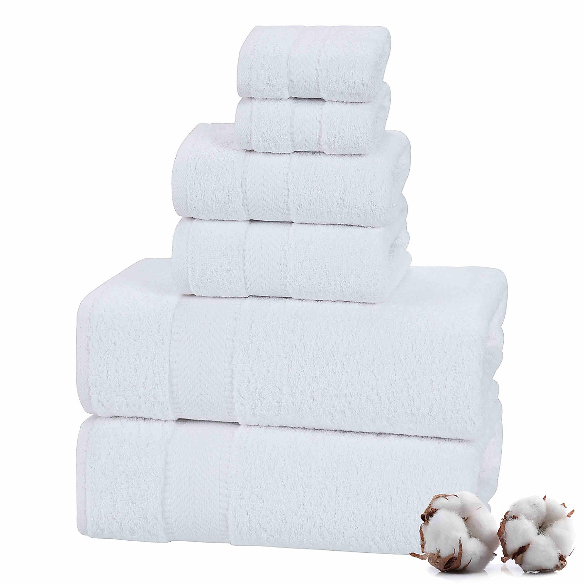 TEXTILOM 100% Turkish Cotton 6 Pcs Bath Towel Set, Luxury Bath Towels for Bathroom, Soft & Absorbent Bathroom Towels Set (2 Bath Towels, 2 Hand Towels, 2 Washcloths)- White