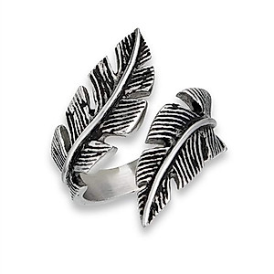 Fantasy Forge Jewelry Valkyrie Feather Ring Womens Stainless Steel Open Adjustable Viking Band Sizes 7-10 (9)