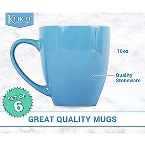 Klikel 6 Colored Coffee Mugs Set - 16oz Flat Bottom Stoneware - Bright Multi Colored