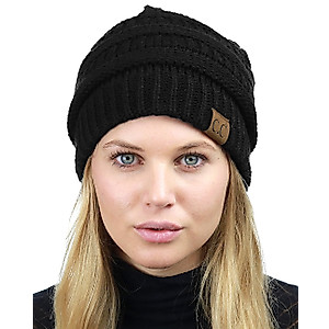 C.C Unisex Chunky Soft Stretch Cable Knit Warm Fuzzy Lined Skully Beanie, Black