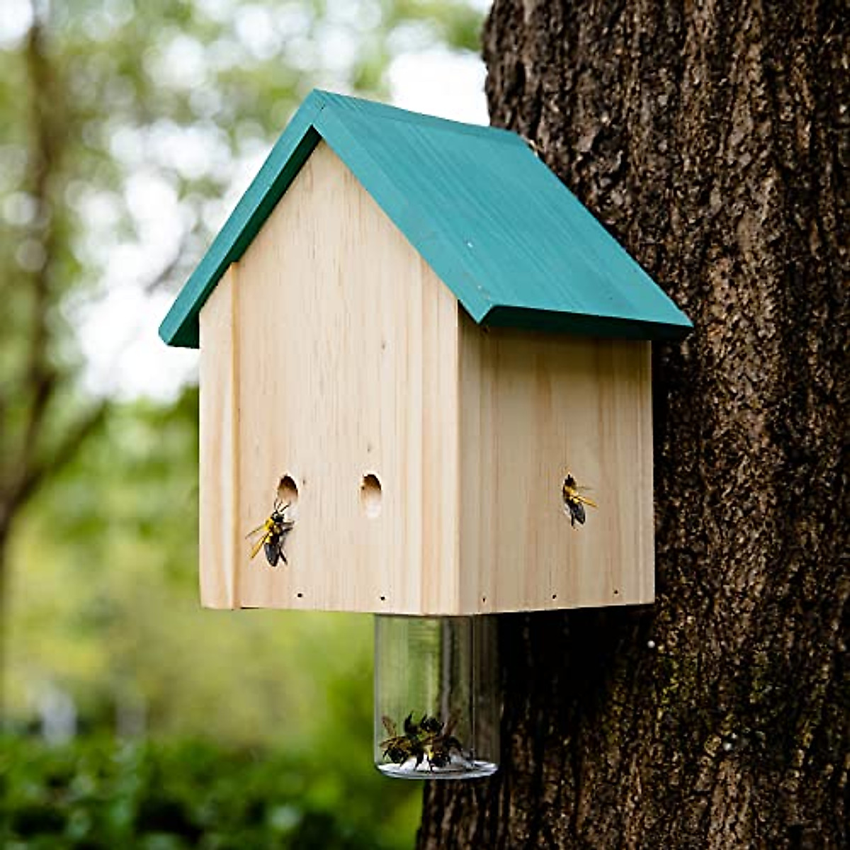 GAW Nature Wood Cabin Style Carpenter Bee Traps for Outdoors, 2 Pack Best Wooden Bee Trap for Outside