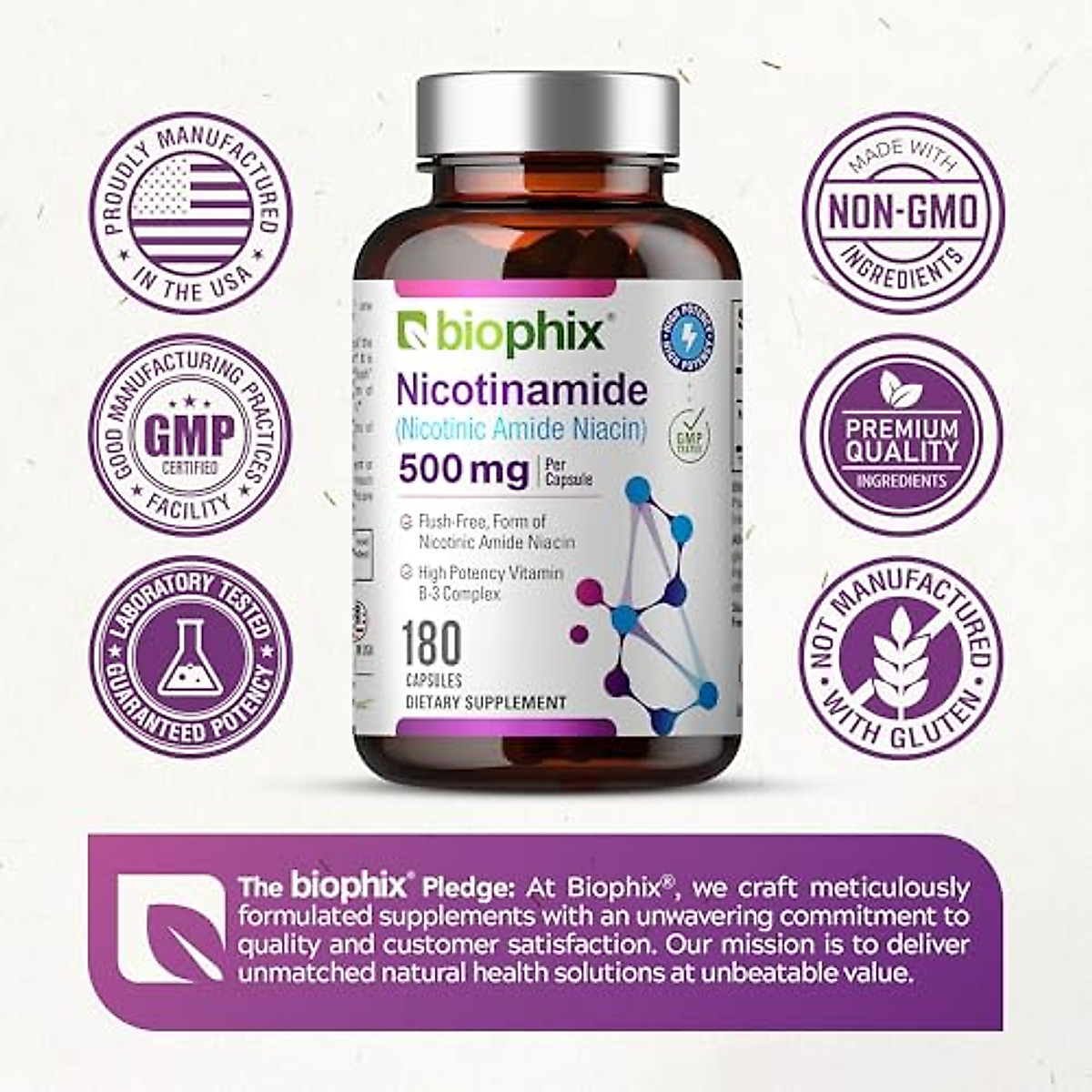 biophix B-3 Nicotinamide 500 mg 180 Caps - Nicotinic Amide Niacin Natural Flush-Free Vitamin Formula - Supports Skin Cell Health