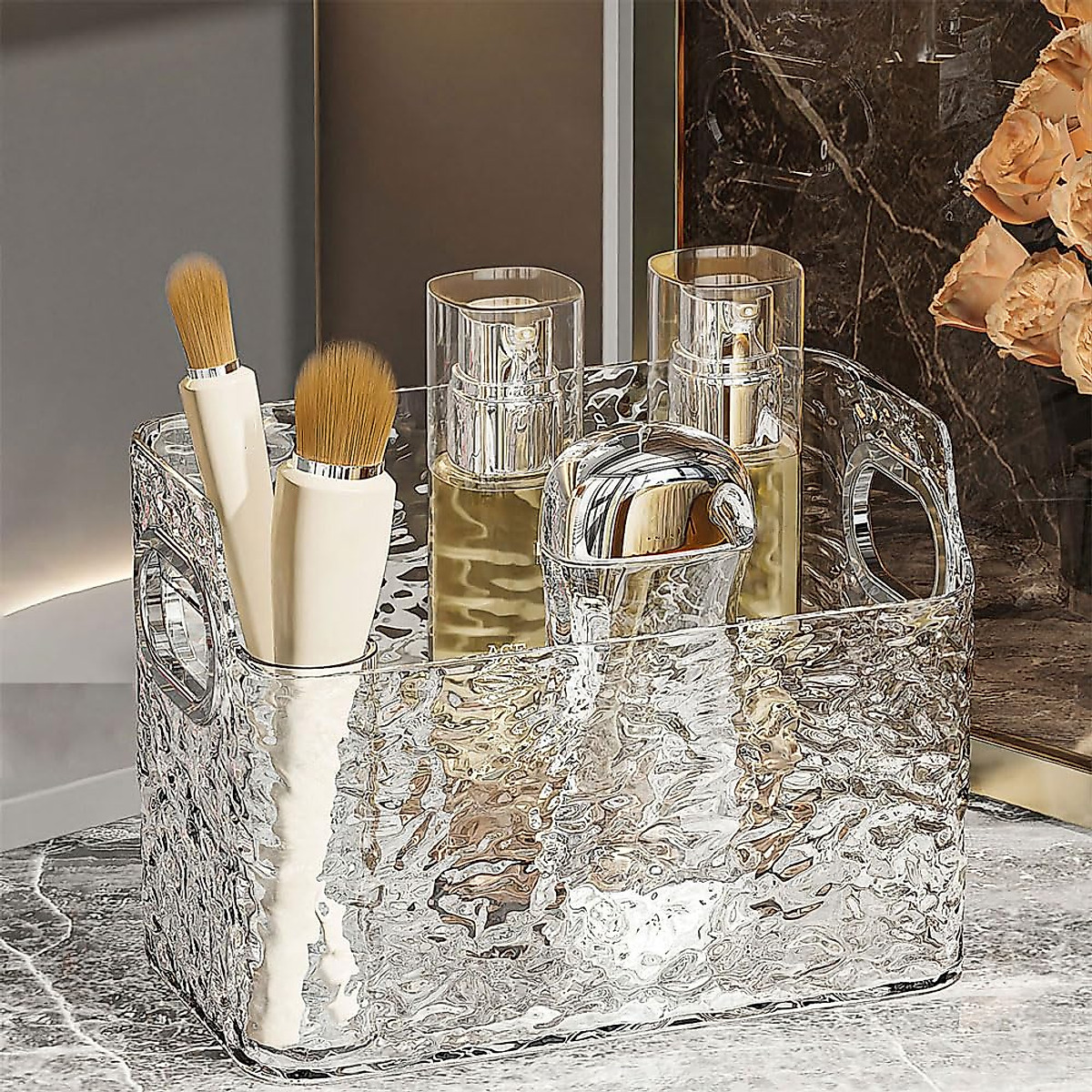 Himilucky Bathroom Vanity Tray, Makeup Organiser, Skincare Organiser Beauty Caddy Storage Box for Dresser & Bathroom, Decorative Dresser Tray, Vanity Organiser with 1 Movable Inner Case, Clear