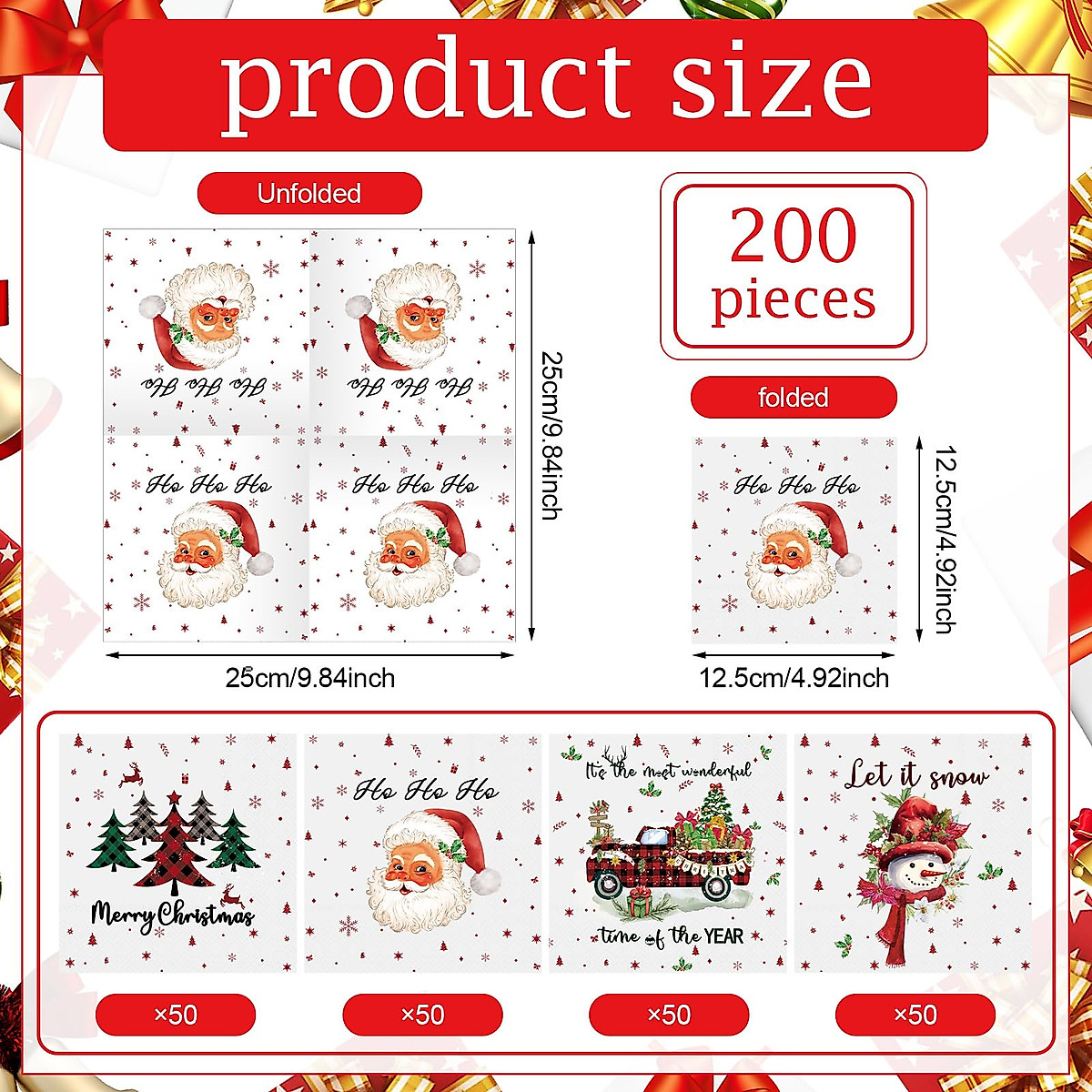 Fulmoon 200 Pcs Christmas Paper Napkins Snowman Cocktail Napkins disposable 2 Ply Christmas Tree Dinner Napkins Decoupage Santa Beverage Napkins for Xmas Table Decor Party Supplies(Festival)