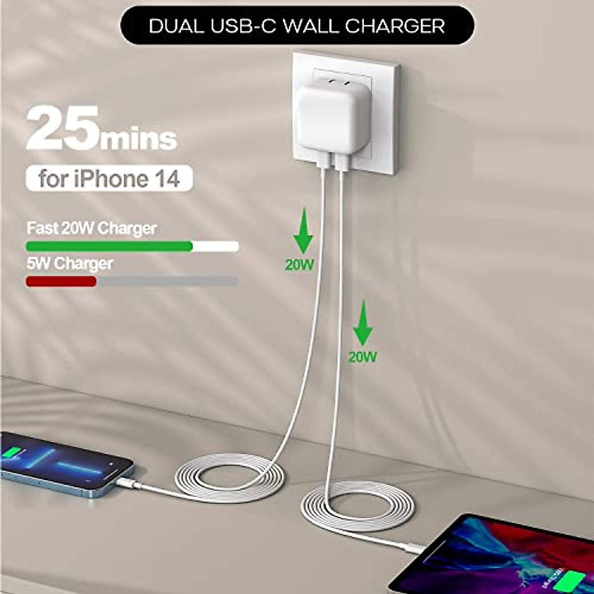 iPhone Charger Fast Charging, 40W Dual USB C Wall Charger [MFi Certified] 2Pack Super Quick Double Port Apple Charger with 10FT Long Lightning Cable for iPhone 14/14 Pro/14 Pro Max/14 Plus/13/12/11/X