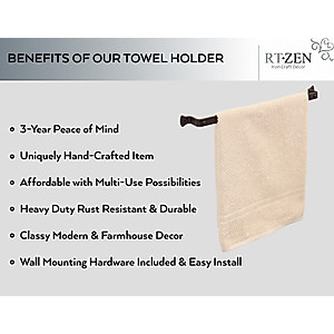 RTZEN Black Wrought Iron Wall Mounted Towel Holders and Coat Hooks Set - Handcrafted Classic Farmhouse Multipurpose Hanging Pieces for Home - Hand Towel Bar, Bath Towel Bar and 3 Pack Double Hooks