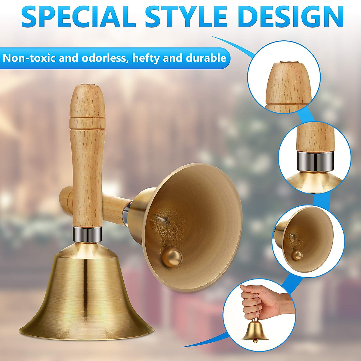 2 Pieces Solid Brass Hand Call Bells with Wooden Handle Handbells Loud Ringing Bell Hand Held Service Bell Animal Bell Decoration(3.15 x 3.15 x 5.9 Inch)