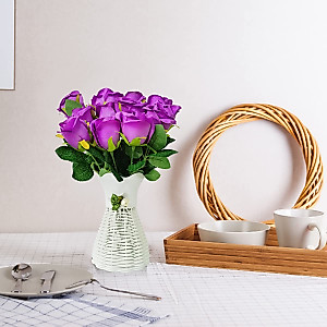 Daggnol Artificial Purple Rose Flowers Silk Rose Realistic Fake Rose with Stem Rose Bouquet for Wedding Bridal Party Home Garden Decor (12PCS Purple)