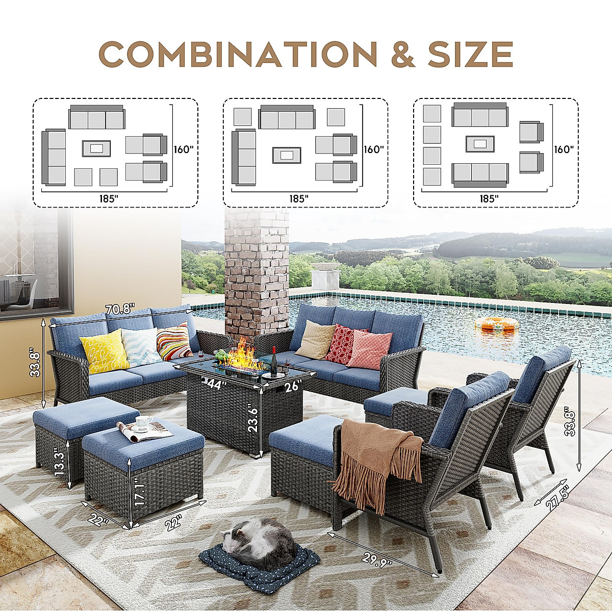 Yechen Patio Conversation Set 12 Seats with 44" Propane Gas Fire Pit Table - 9 Pcs Outdoor Wicker Furniture Set with Lid & Wind Shields - Sectional Sofa Set for Porch,Backyard