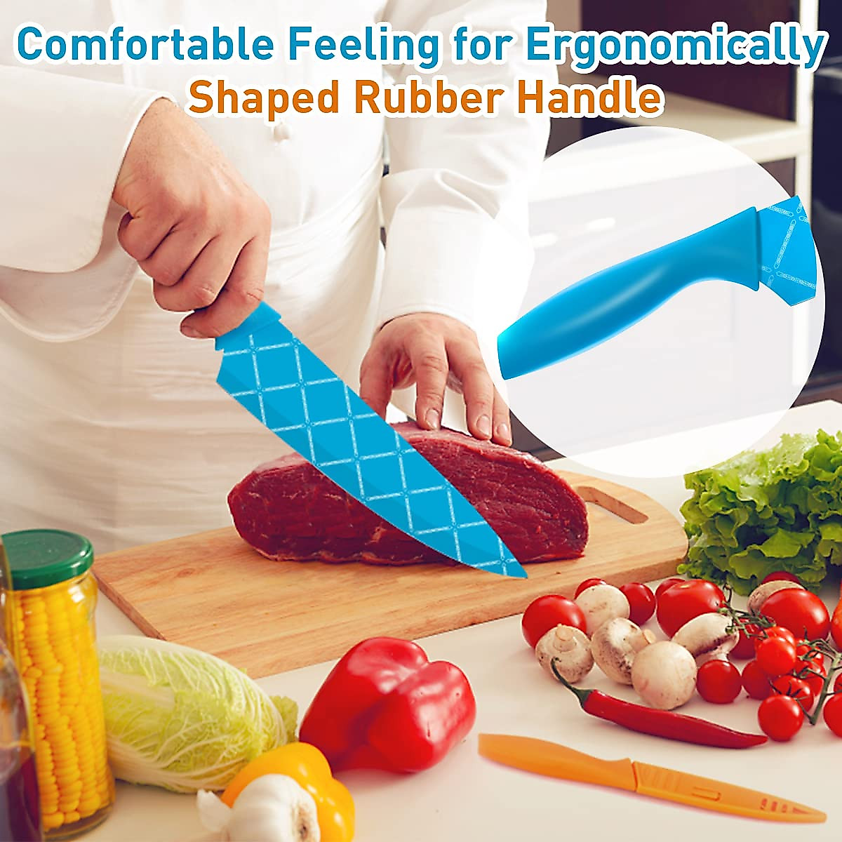 Mosheng Knife Set,5 Piece Colorful Knife Sets with Unique Non Stick Coating Surface,Stainless Steel Knives Set with Covers,Kitchen Knife Box Set,Chef Knife,Santoku Knife,Utility and Paring Knife