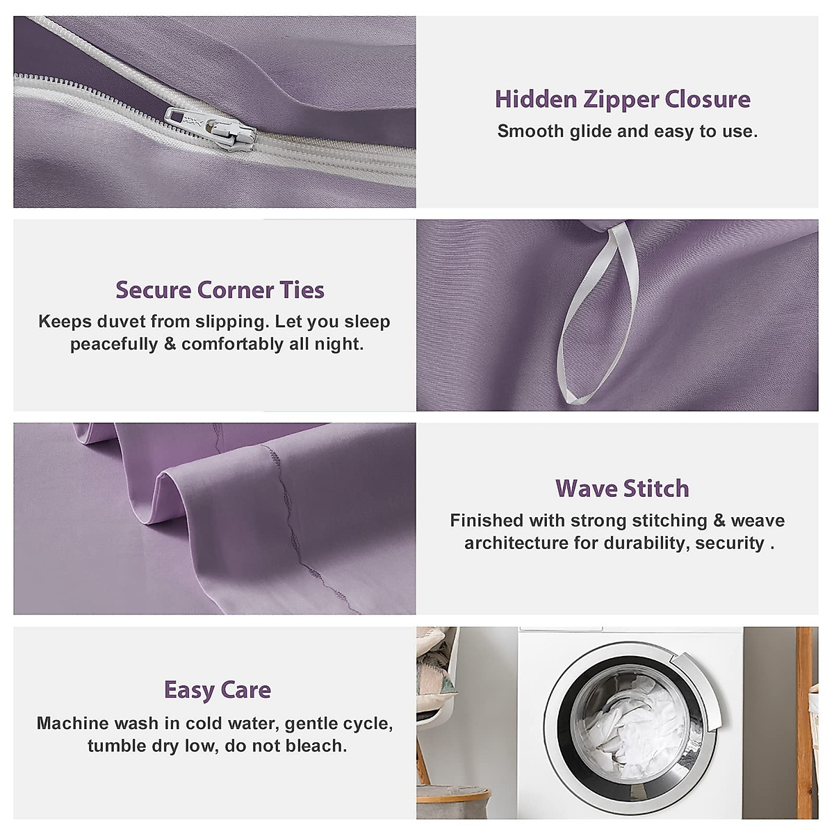 MILDLY 100% Long-Staple Cotton Duvet Cover Set Queen Size Purple Comforter Cover Sets Ultra Soft Bedding Set 3 PCS with Zipper Closure & Corner Tie (No Comforter)