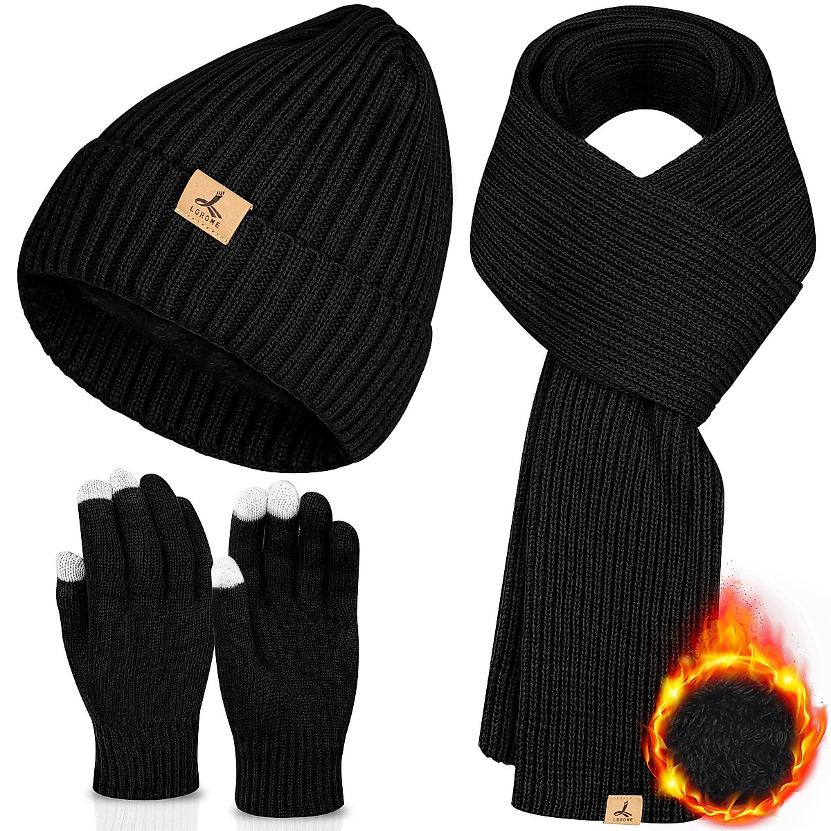 3 PCS Winter Hat Scarf Gloves Set, Soft Warm Knit Beanie Hat Touchscreen Gloves Long Knitted Scarf Set Winter Gifts for Men
