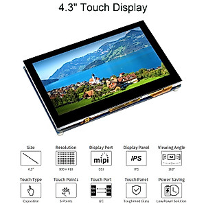 waveshare 4.3 inch DSI LCD Display for Raspberry Pi 4B/3B+/3A+/3B/2B/B+/A+/Compute Module 3+/3/4, 800×480 Touchscreen Capacitive IPS Screen Monitor, Support Raspbian/Ubuntu/Kali /WIN10 IoT/Retropie