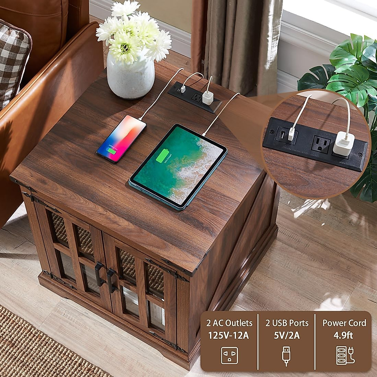 Barnyatoh Farmhouse End Table with Charging Station,24" Large Sofa Side Table with Glass Barn Door, Rustic Wood Nightstand Bedside Table with Adjustable Storage Shelf for Living Room, Bedroom, Walnut