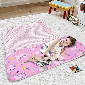 smttw Nap Mat with Removable Pillow & Fleece Blanket, Extra Long Toddler Nap Mats for Daycare-Measures 55 x 23 x 2 Inches, Kids Sleeping Mat Toddler Sleeping Bag,Unicorn