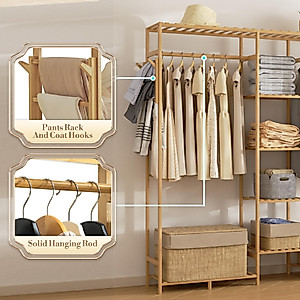 Athena Collection 59" Bamboo Garment Rack Multi Tier Clothes Rack Storage Shelves with Side Hook & Pants Rack, Heavy Duty Clothing Hanging Rack Freestanding Indoor Wardrobe Closet Organizer, Natural