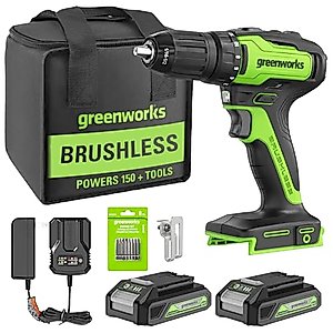 Greenworks 24V Brushless Cordless Drill Kit, 310 in./lbs, 18+1 Position Clutch, 1/2 '' Keyless Chuck, Variable Speed, (2)2Ah Batteries with 2A Charger, LED Light, 8pcs Drill Bits with Tool Bag