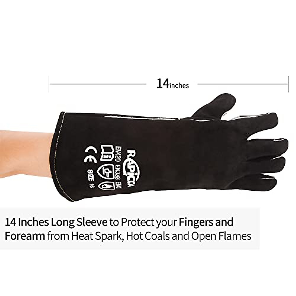 RAPICCA Welding Gloves 14 Inches,662℉,Heat Resistant Leather Forge/Mig/Stick Welding Gloves Heat/Fire Resistant, Mitts for Oven/Grill/Fireplace/Furnace/Stove/Pot Holder/BBQ/Animal Handling-Black