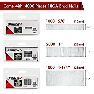 Arrow 18 Gauge Pneumatic Brad Nailer, Oil-Free Upholstery Nail Gun with 4000 Pieces 5/8 '', 1 '', 1-1/4 '' Nails, Adjustable Exhaust, for Woodworking, Professional and DIY Projects, PT18G