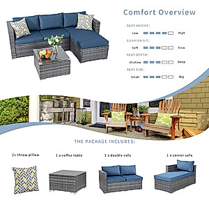 SUNLEI 3-Piece Patio Sectional Sofa, Patio Furniture Set with Cushions, All Weather Outdoor PE Wicker Patio Conversation Sofa Set with Glass Coffee Table & ottoman, Silver Rattan/Aegean Blue