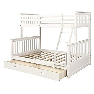 JOSN Twin-Over-Full Bunk Bed with Ladders and Two Storage Drawers, Full Size Bunk Bed with Ladder and Safety Rails, for Kids, Teens, Adults (White)