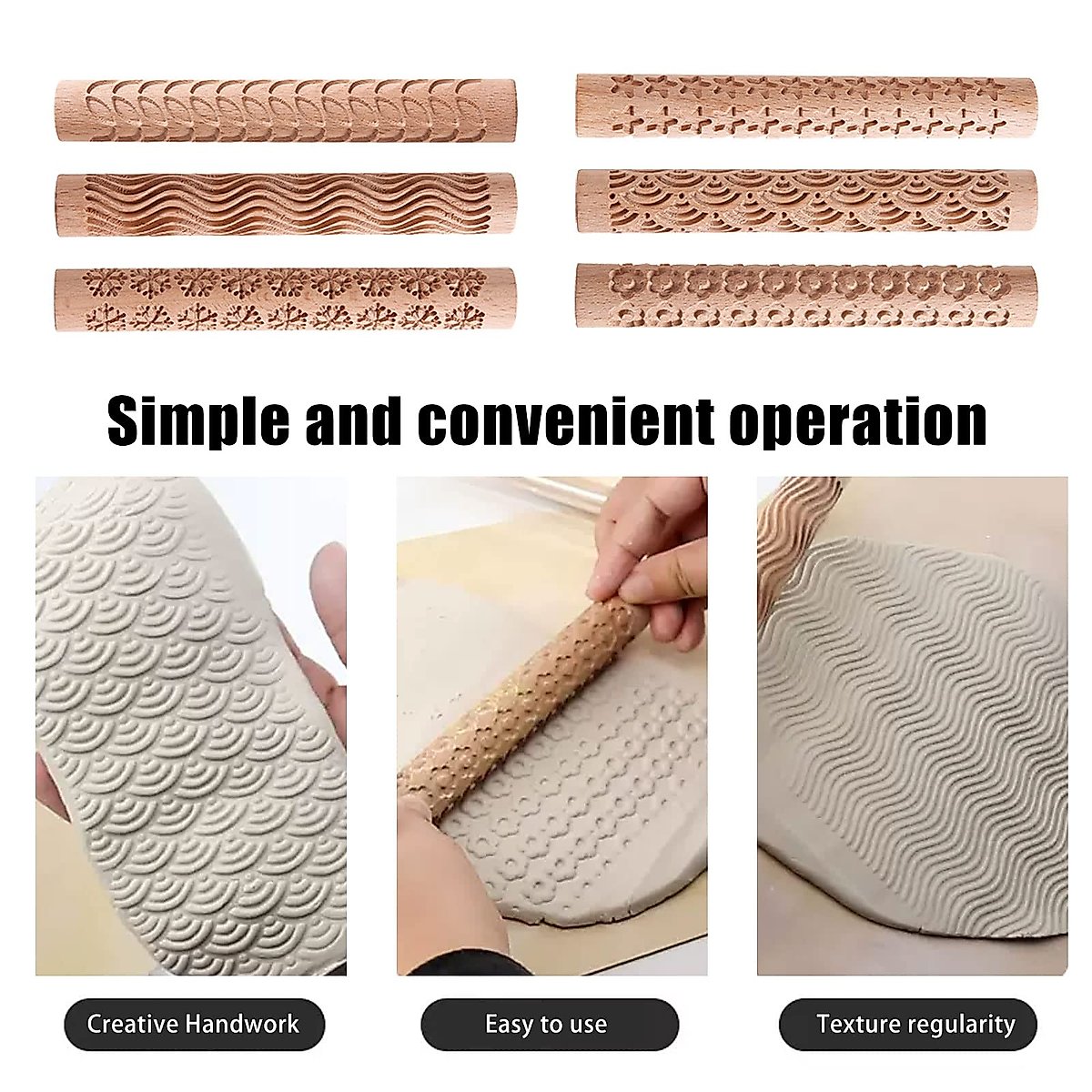 6Pcs Clay Modeling Pattern Rollers, Large Texture Rollers for Clay Wooden Handle Pottery Tools Snowflakes Stars Wood Wave Pattern Clay Rolling Pottery Ceramic Carved Tools for DIY Handcrafts (B)