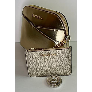 Michael Kors MICHAEL Michael Kors Jet Set Travel MD Dome XCross Crossbody bundled with SM TZ Coinpouch Purse Hook (Pale Gold/Signature Pale Gold)