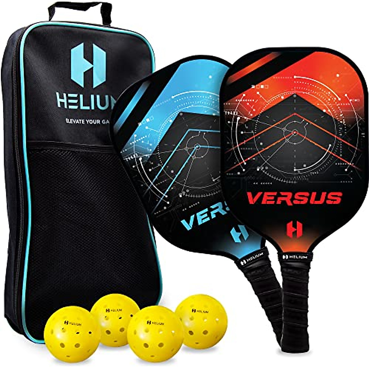 Helium Versus Pickleball Paddle Set of 2 - USAPA Certified - Graphite Fiberglass Surface, Lightweight Honeycomb Core - 2 Rackets, 4 Balls, 1 Sports Bag