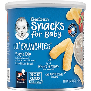 Gerber Snacks for Baby Lil’ Crunchies Baked Grain Snack (Mild Cheddar, Veggie Dip, Pack of 6)