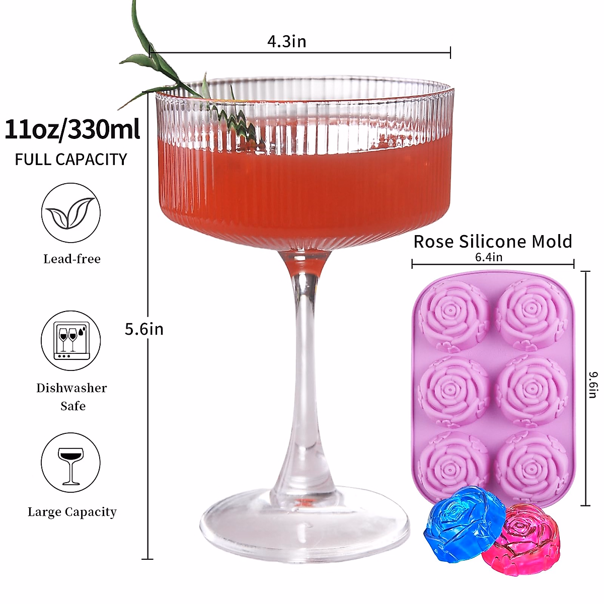 KMIGRUAN 11oz Large Vintage Coupe Glasses Set of 6,Ribbed Cocktail Glasses,Classic Espresso Martini Glasses,Margarita and Champagne Glasses for Bar,Wine,Dessert,Cocktail Glassware Gift Set