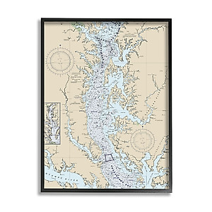 Stupell Industries Potomac River Chesapeake Bay Coastal Map Beige, Designed by Daphne Polselli Black Framed Wall Art, 16 x 20, Tan
