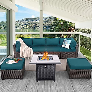Outdoor Patio Dark Brown Rattan 7 Piece Sectional Furniture Set PE Wicker Conversation Sofa with Gas Fire Pit Square Steel Table and Non-Slip 5" Thick Peacock Blue Cushion
