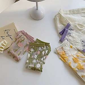 Ballballu Vintage Sheer Socks,Summer Transparent Flower Ankle Socks,Thin Mesh Lace Elastic Jacquard Glass Silk Socks (F-7 Paris)