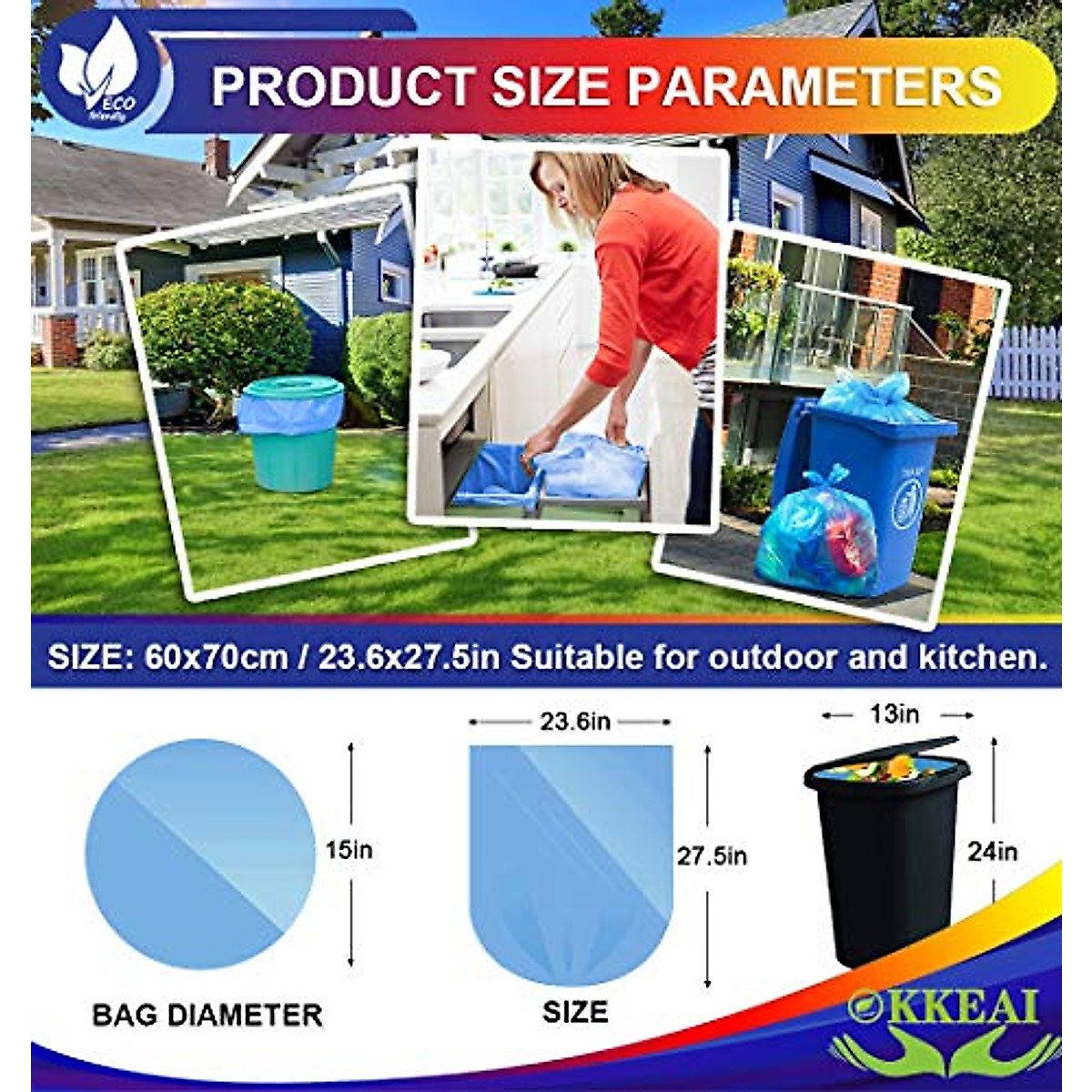 OKKEAI 8 Gallon Kitchen Trash Bags Biodegradable Garbage Bags Thicker 0.98 MIL Recycling Bags Medium Wastebasket Liners for Home Office, Lawn,Bathroom,60 Count (Fits 7-10 Gallon Bins)