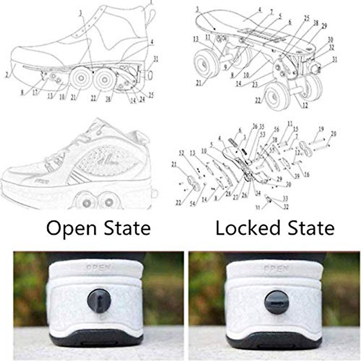 Double-Row Deform Wheel Automatic Walking Shoes Invisible Deformation Roller Skate 2 in 1 Removable Pulley Skates Skating Parkour (White Silver, US 7.5)