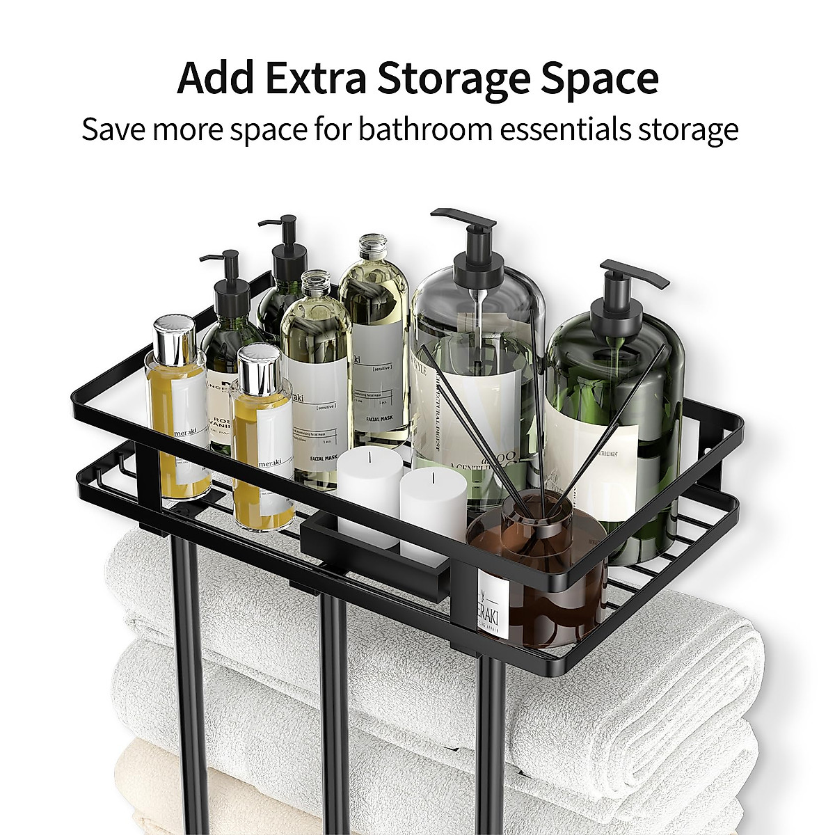 Wall Towel Rack for Rolled Towels, 3 Bars Towel Rack Wall Mounted with Metal Top Floating Shelf & 4 Hooks, Towel Holder for Bathroom Folded Large Towels, Blanket Towel Storage Shelves Organizer, Black