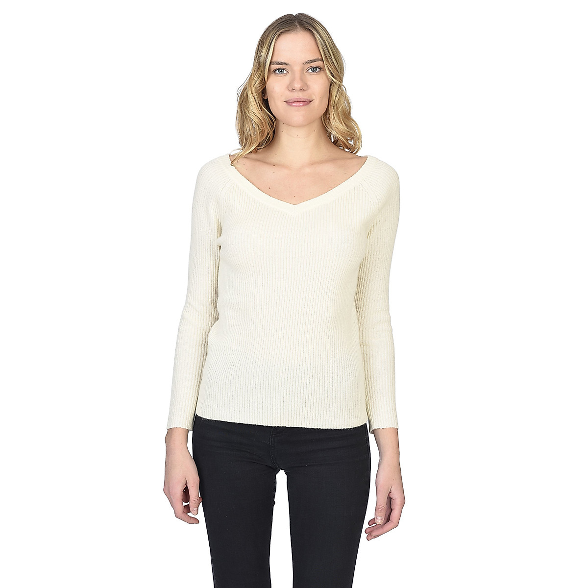 State Cashmere Women’s Easy V-Neck Ribbed Sweater 100% Pure Cashmere 3/4 Sleeve Pullover (Undyed White, Large)