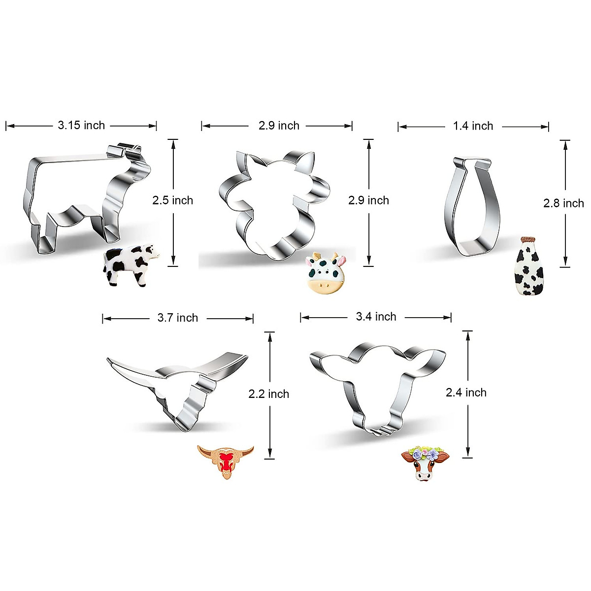 Cow Cookie Cutter Set - 5 Piece Stainless Steel Farm/Farmhouse Animal Cookie Cutters Shapes Milk Bottle, Longhorn, Bull, Cow Head, Cow/Steer Face Cutters Molds for Making Cookies, Biscuit, Fondant