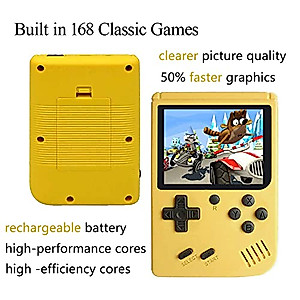 Handheld Games Console for Kids Adults - Retro Video Games Consoles 3 inch Screen 168 Classic Games 8 Bit Game Player with AV Cable Can Play on TV (Yellow)