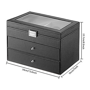 Oyydecor Sunglasses Organizer for Women Men, 3-layer 18 Slots Glasses Case Sunglass Eyeglasses Collector Eyewear Display Storage Box with Drawer Clear Glass Top, Carbon Fiber, Black