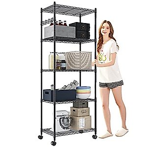 Devo 5-Tier Shelf Storage Shelves, Metal Shelves for Storage, Wire Shelving Unit, Adjustable Shelves Organizer for Garage, Pantry, Kitchen, Side Hooks, Black