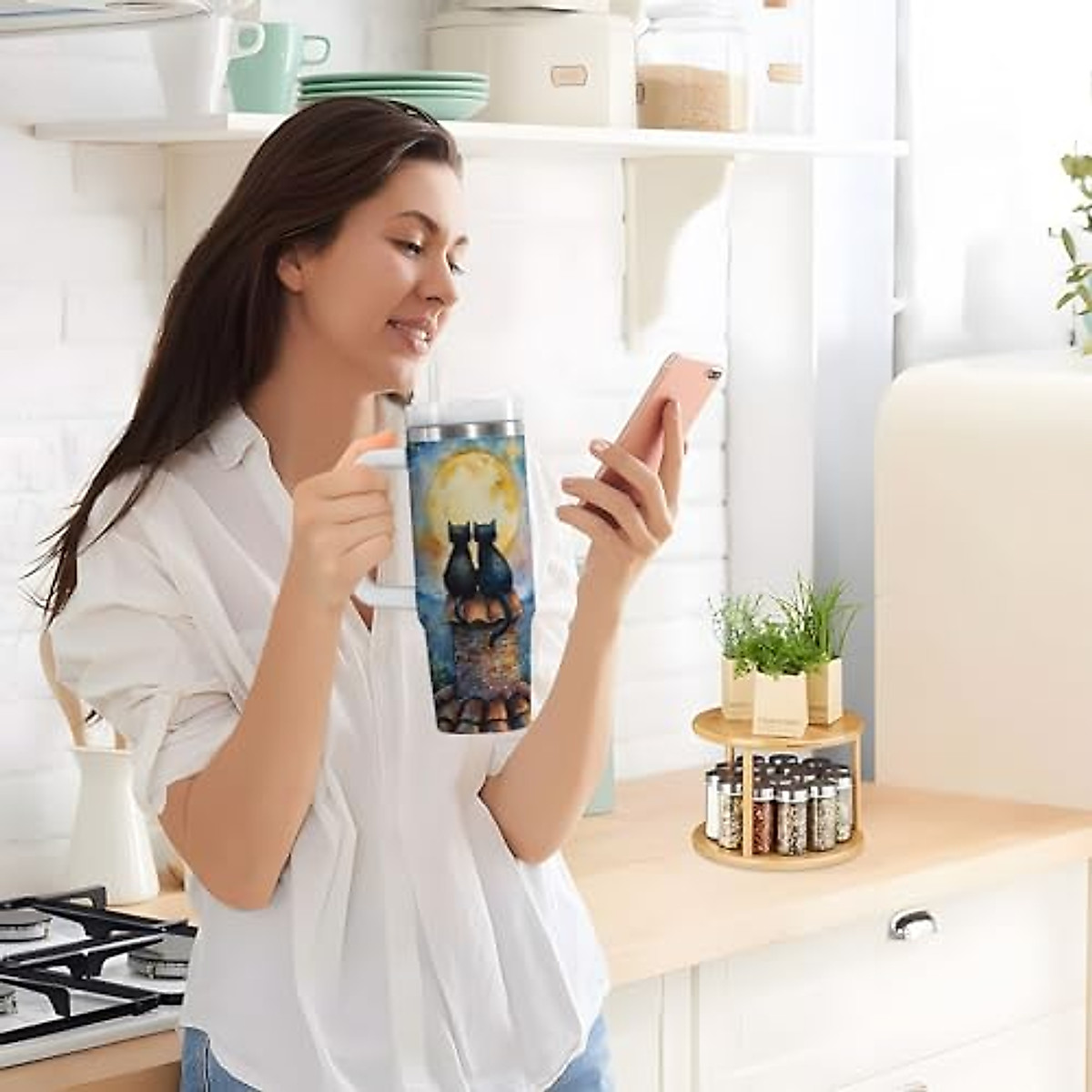 ODAWA Romantic Cats Moon Blue Travel Coffee Tumbler 40 Oz Drinking Cups with Lid and Straw